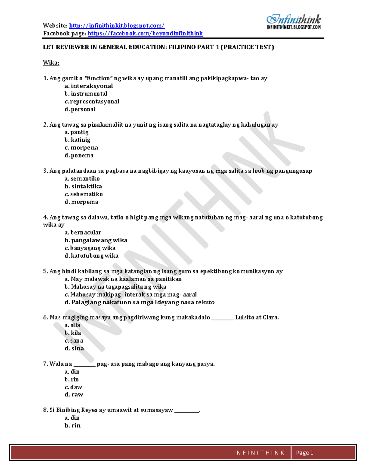 GEN ED Filipino - General Education LET Reviewer - Facebook page: facebook/beyondinfinithink LET ...