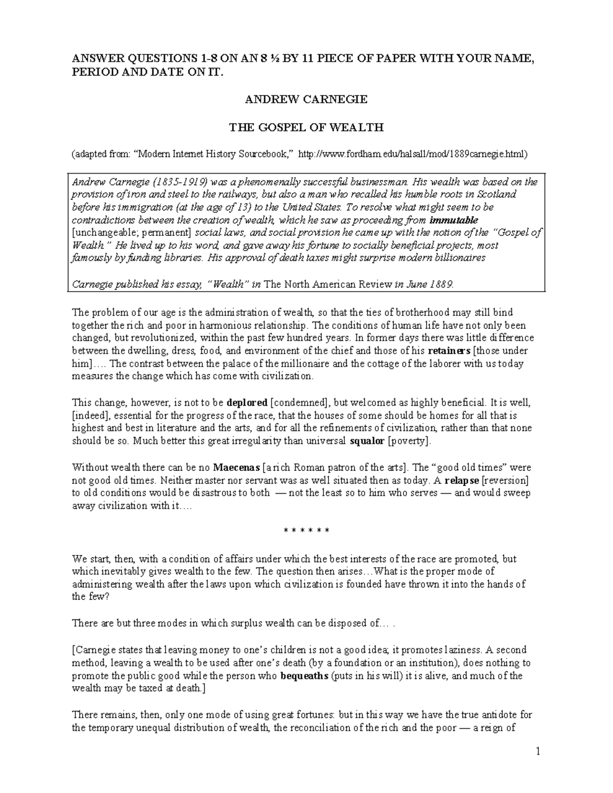 Andrew Carnegie's Gospel of Wealth- ANSWER QUESTIONS 1-8 ON AN 8 ½ BY ...