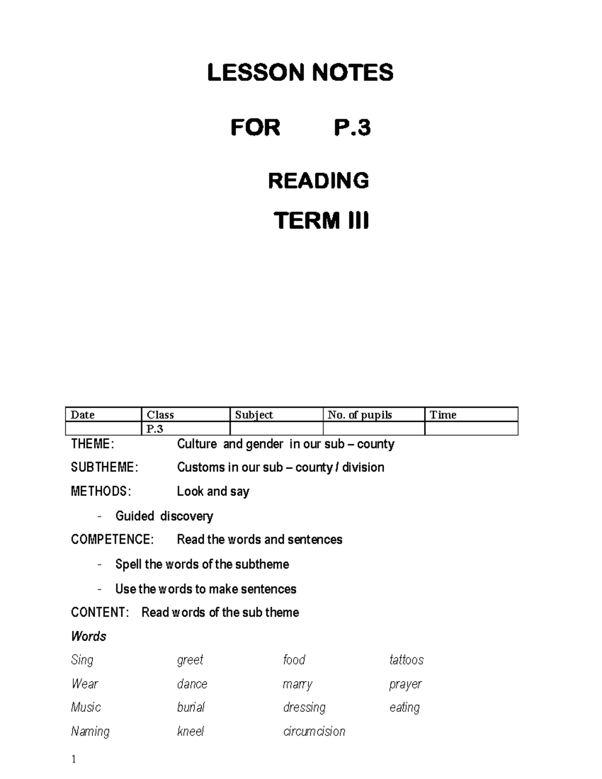 P.3 Reading Lesson Notes TERM III - LESSON NOTES FOR P. READING TERM ...
