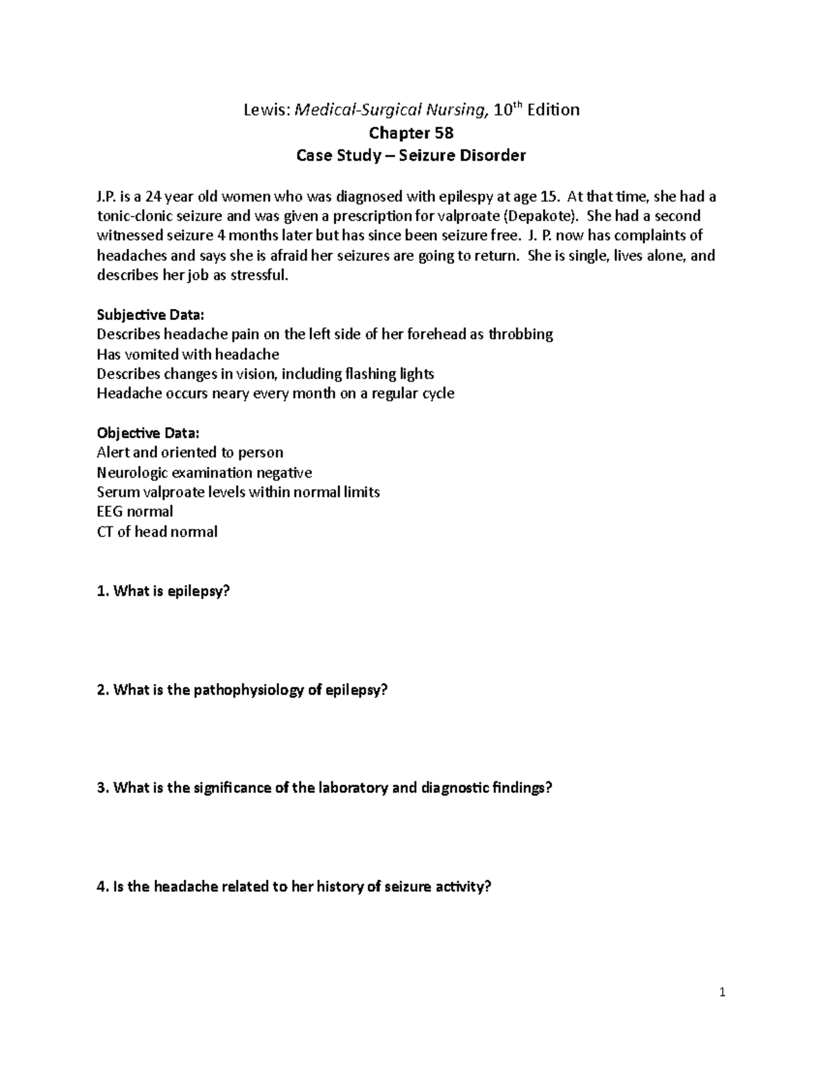 Seizure Disorder Case Study - Lewis: Medical-Surgical Nursing, 10 th ...