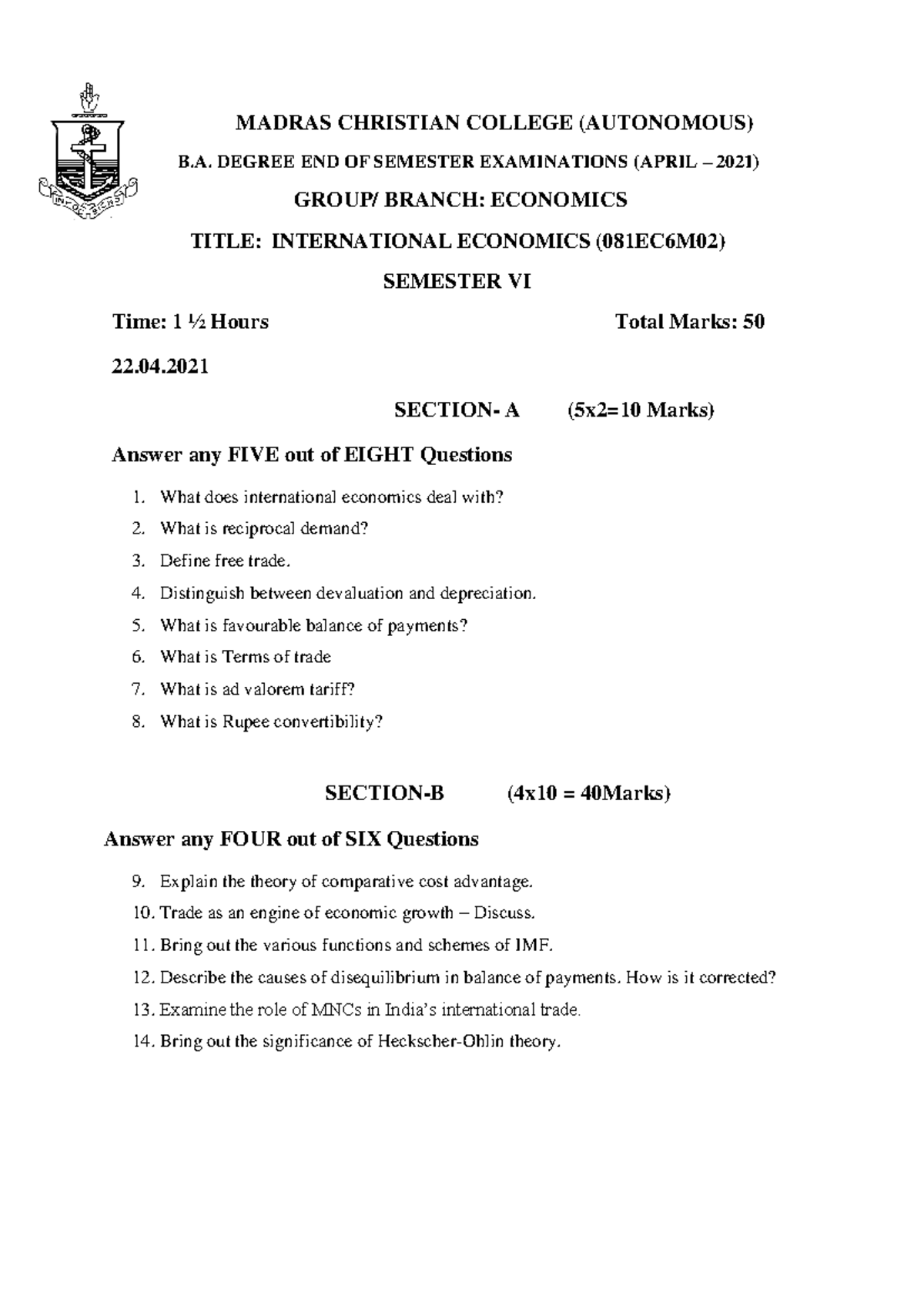 April 2021 Question Paper - MADRAS CHRISTIAN COLLEGE (AUTONOMOUS) B ...