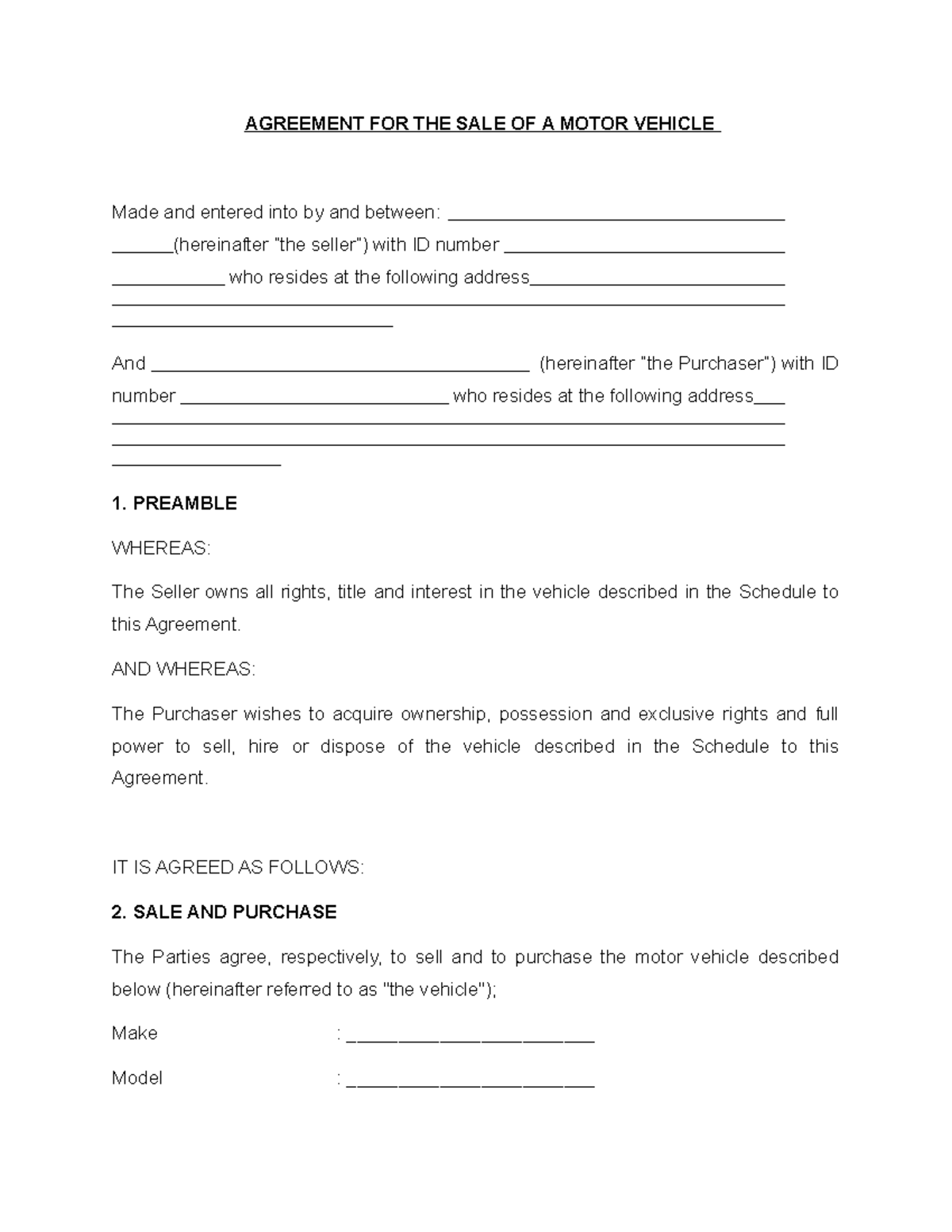 Agreement FOR THE SALE OF A Motor Vehicle - AGREEMENT FOR THE SALE OF A ...