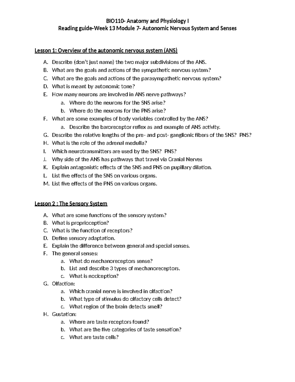 Week 12 ANS and Senses Guide M7 - BIO110- Anatomy and Physiology I ...