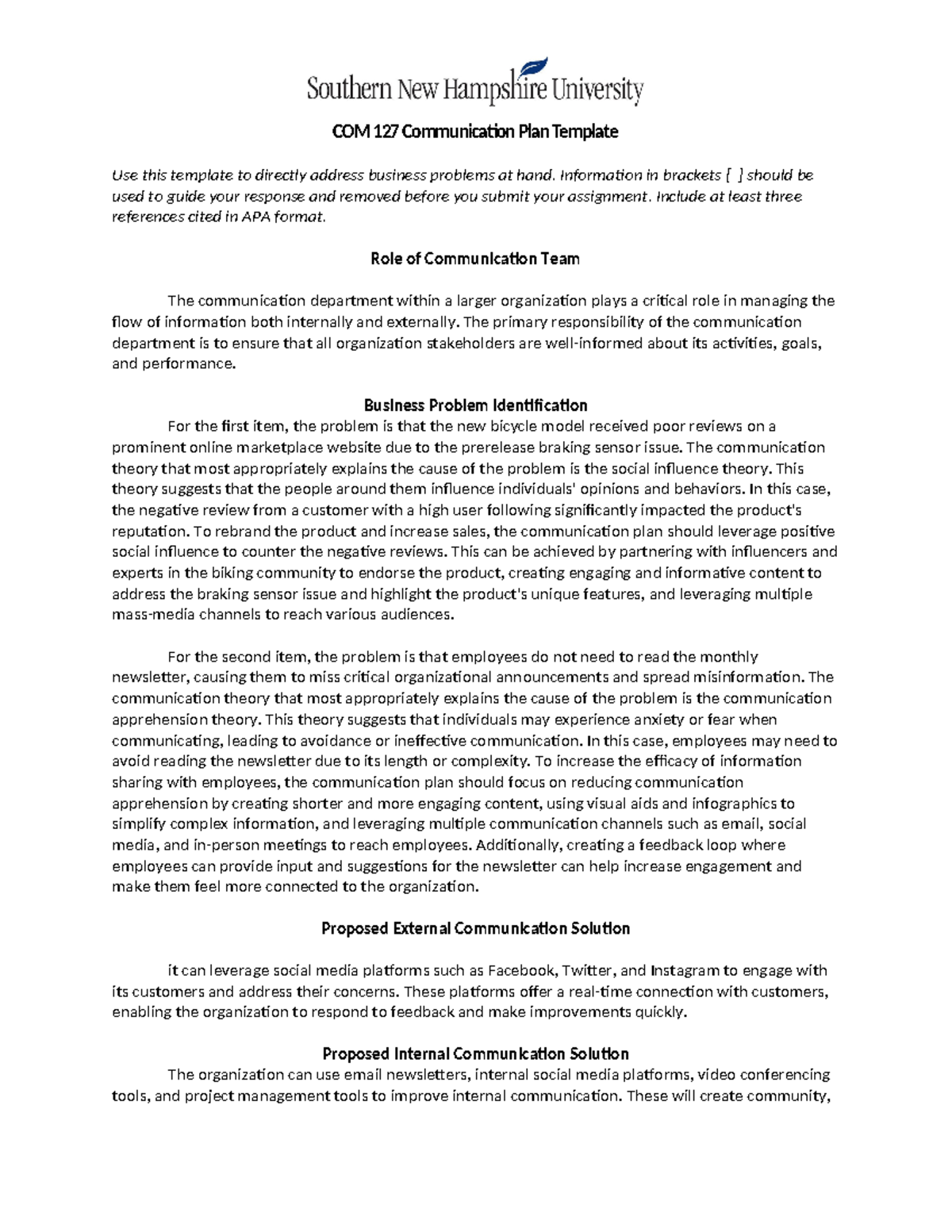 COM 127 Communication Plan Template - COM 127 Communication Plan ...