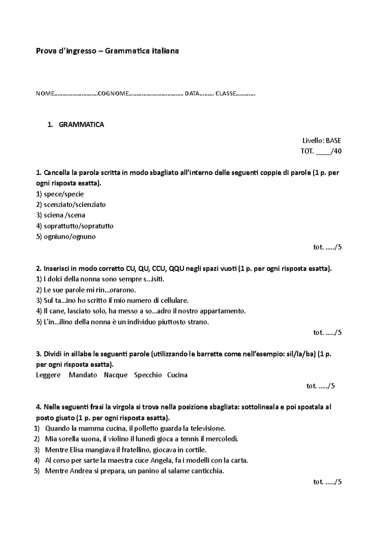 Grammatica ss2g test ingresso 1 - Prova d’ingresso – Grammatica ...