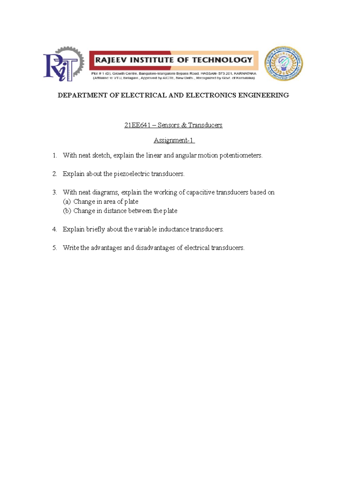 Assignment-1 - DEPARTMENT OF ELECTRICAL AND ELECTRONICS ENGINEERING 21EE641 – Sensors & - Studocu