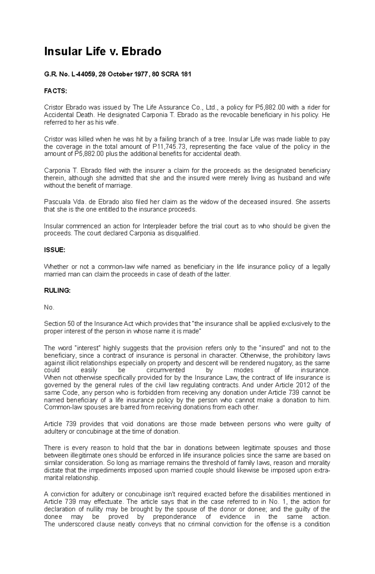 Insular Life v Ebrado Case Digest - Insular Life v. Ebrado G. No. L ...