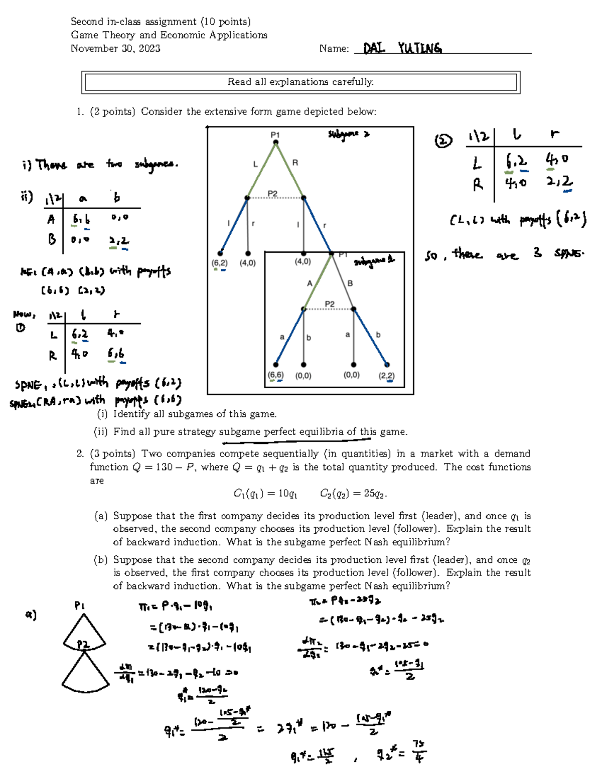 Second in-class assignment - (2 points) Consider the extensive form game depicted below: (i ...