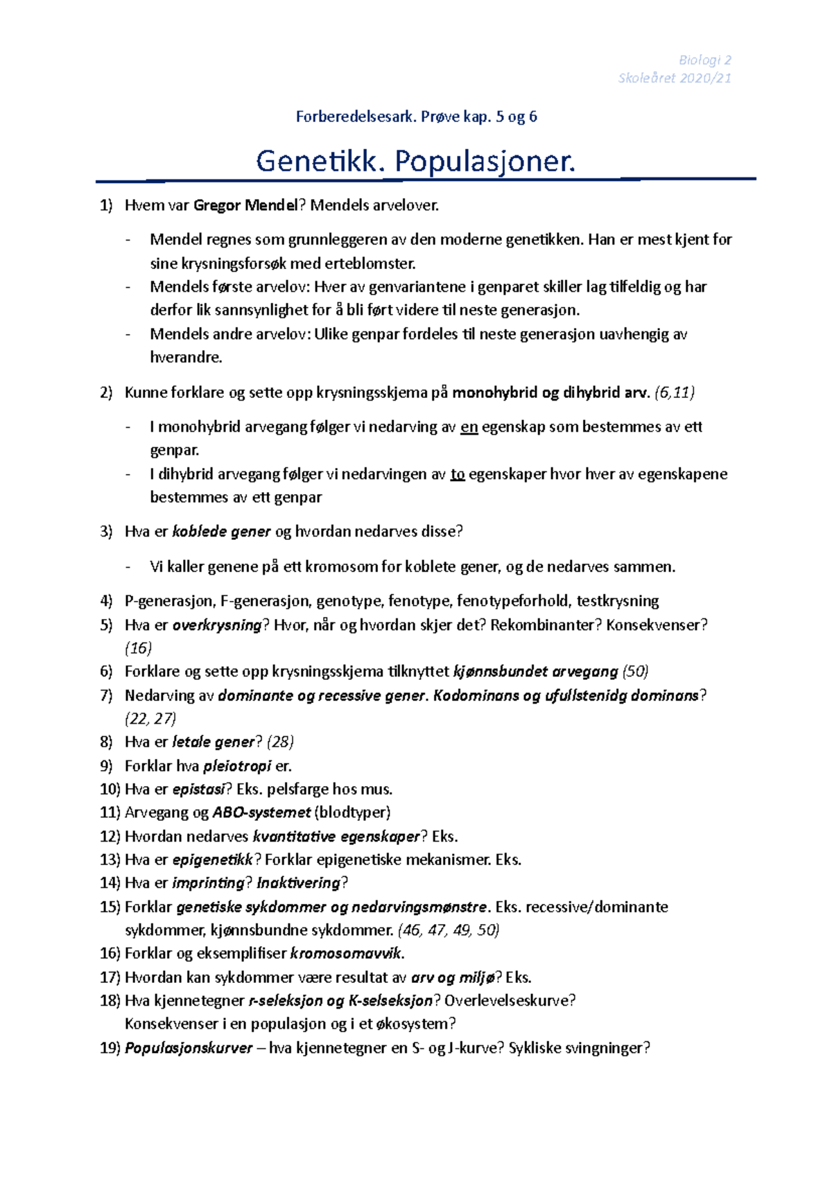 Forberedelsesark til prøve kap 5 og - Biologi 2 Skoleåret 2020 ...