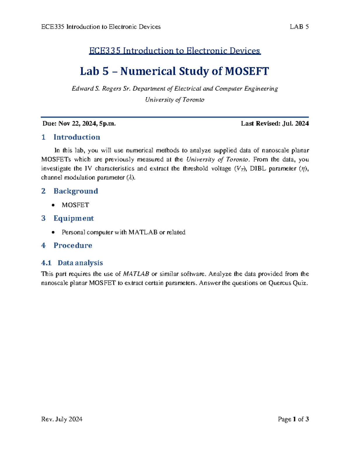 ECE335 Lab5 numerical Mosfet 2024 - ECE335 Introduction to Electronic Devices LAB 5 Rev. July ...