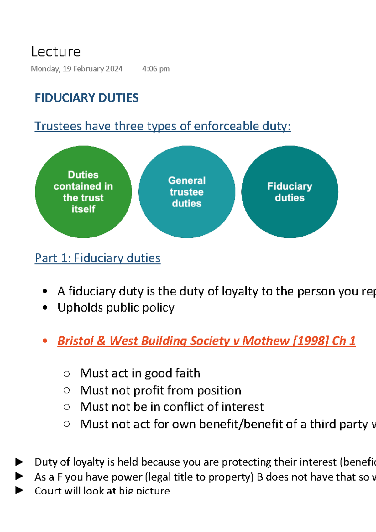Lecture - Fidicury duties - FIDUCIARY DUTIES Trustees have three types of enforceable duty: Part ...