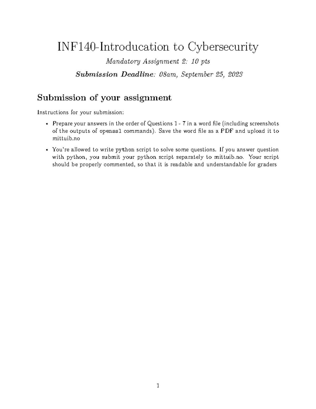 2023 MA2 - INF140-Introducation to Cybersecurity Mandatory Assignment 2 ...