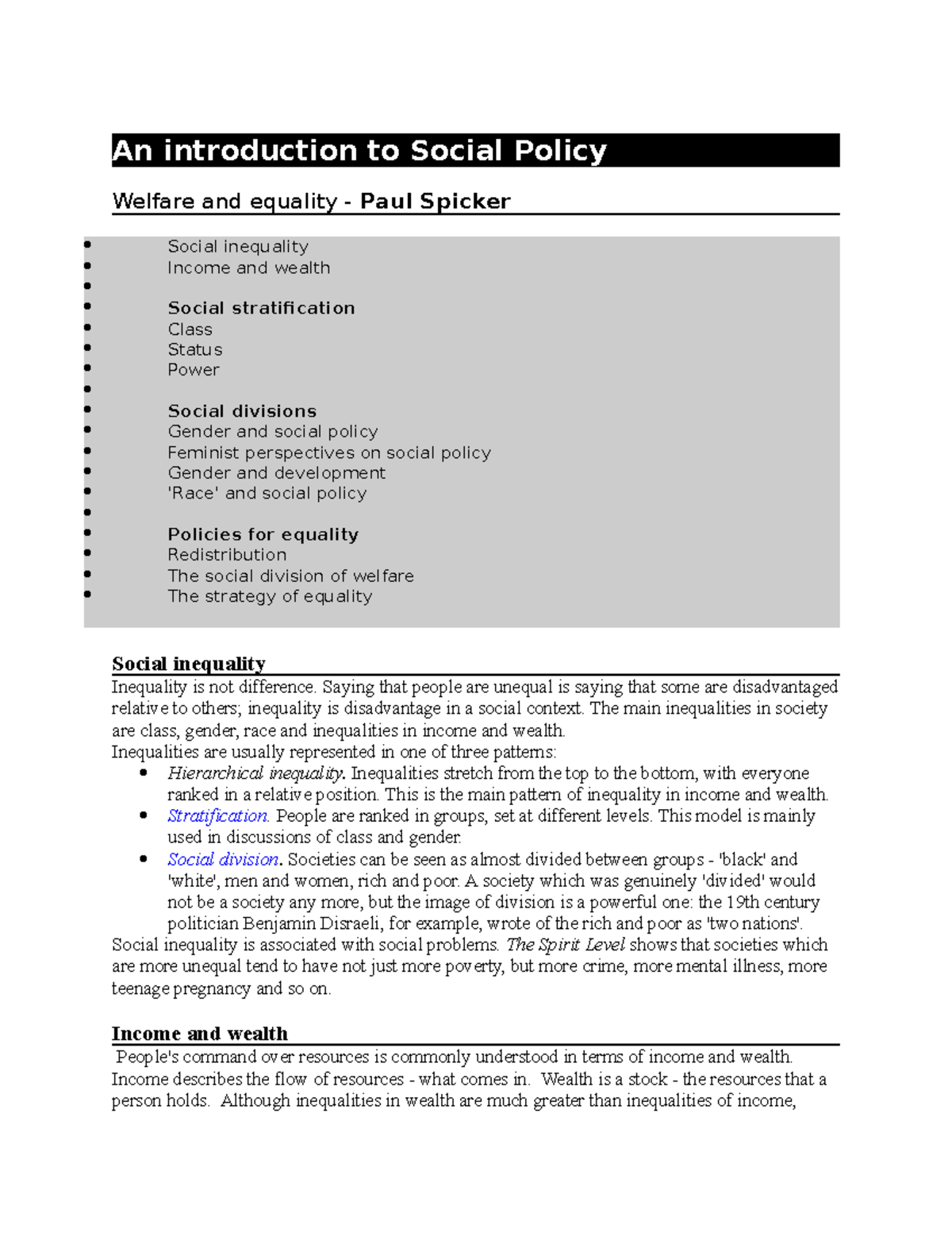 An introduction to Social Policy Welfare and equality Spiker - An ...
