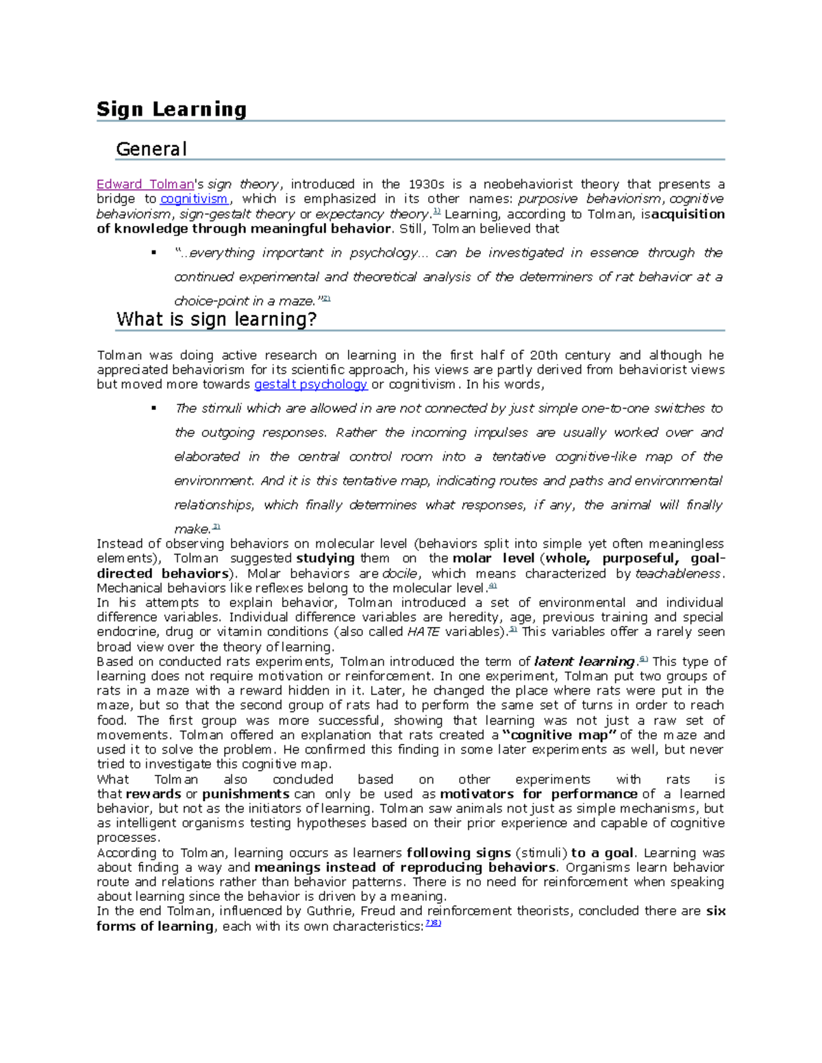 Edward Tolman (Sign Theory) - Sign Learning General Edward Tolman's ...
