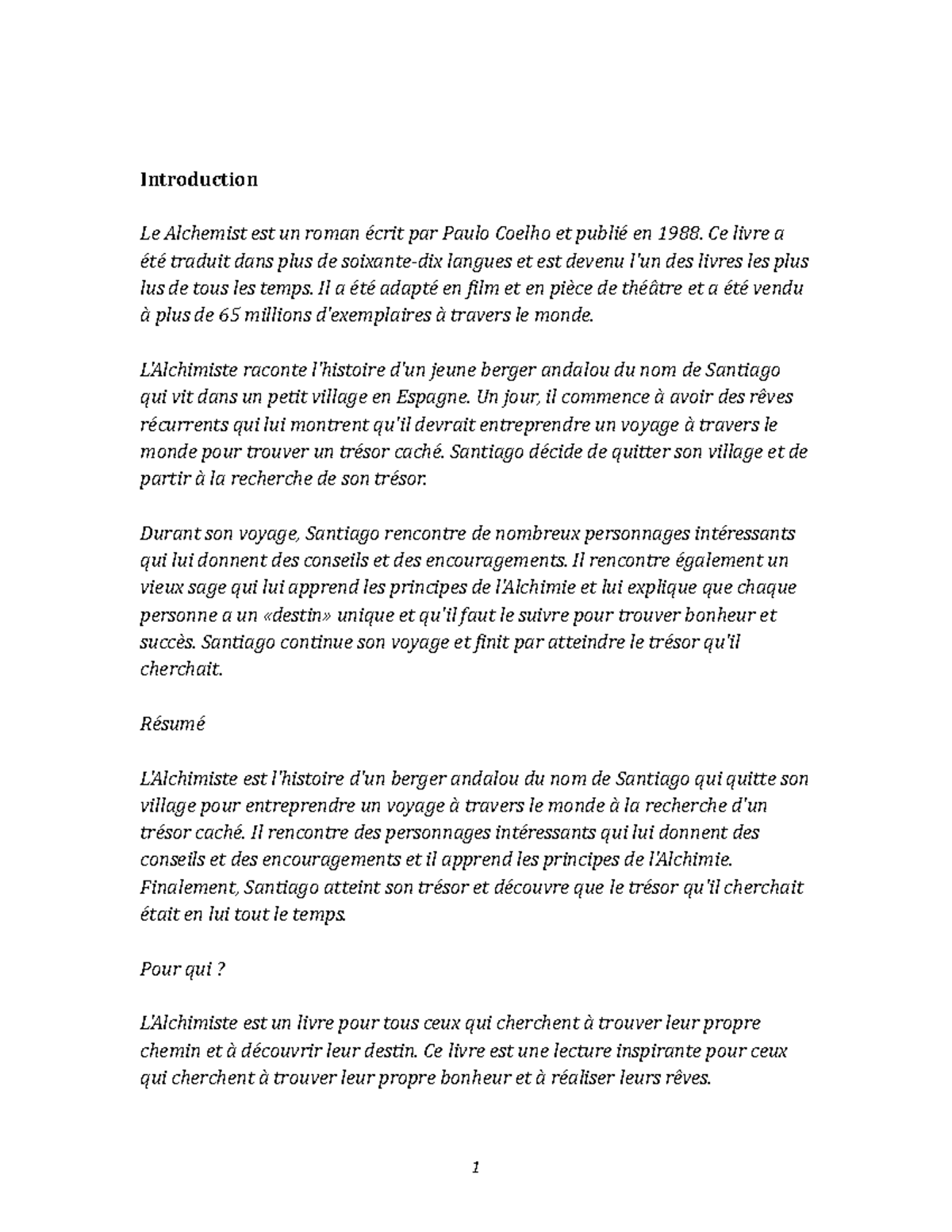 The Alchemist Paulo Coelho summary - Introduction Le Alchemist est un ...