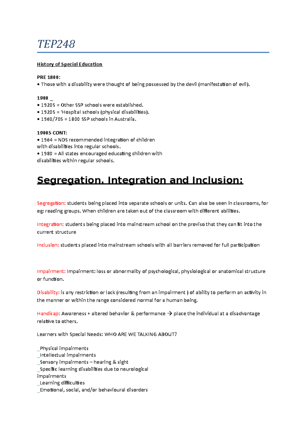 Tep248.Lectures - TEP History of Special Education PRE 1800: Those with ...