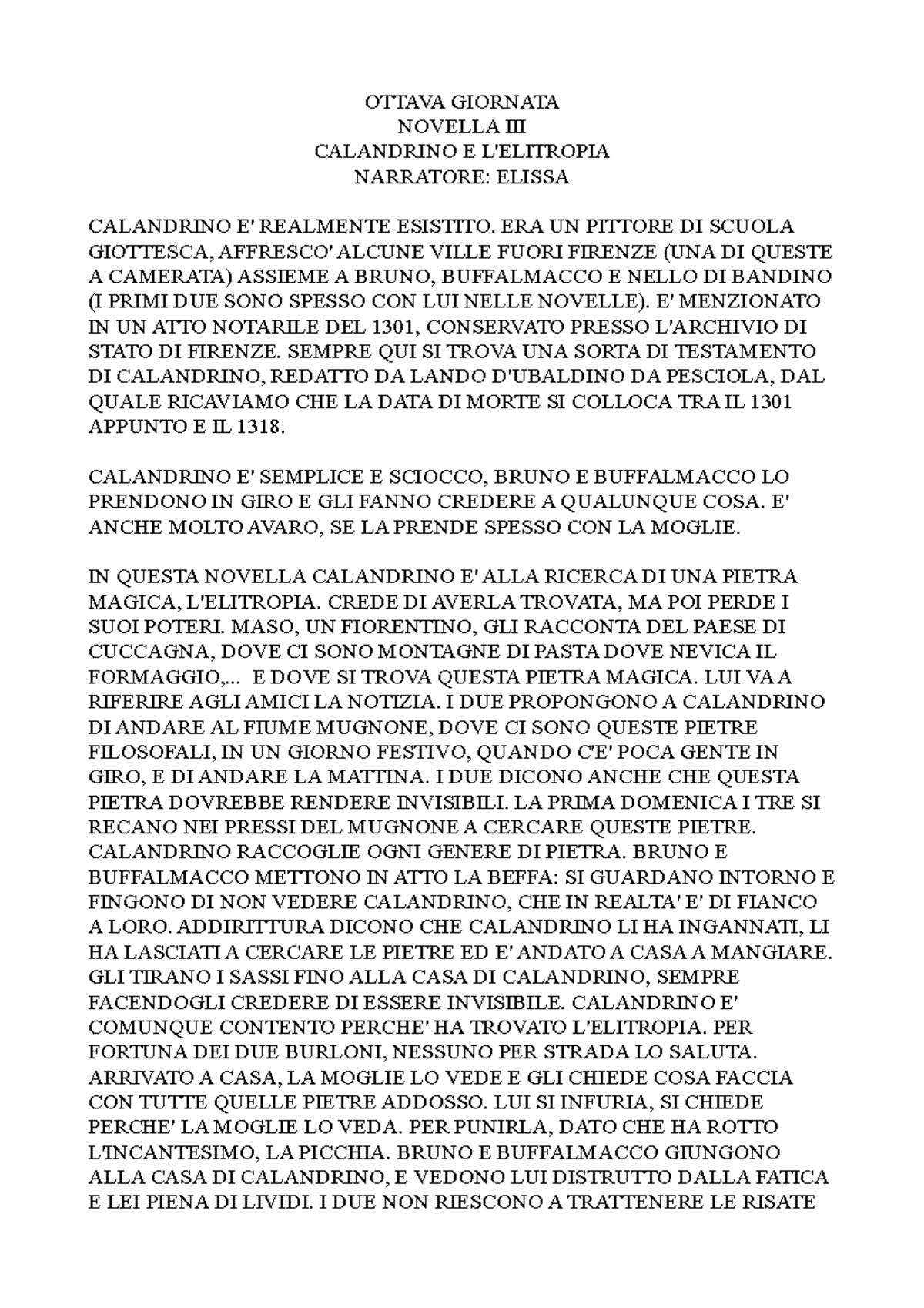 Tetralogia Calandrino novelle del Decameron - OTTAVA GIORNATA NOVELLA ...