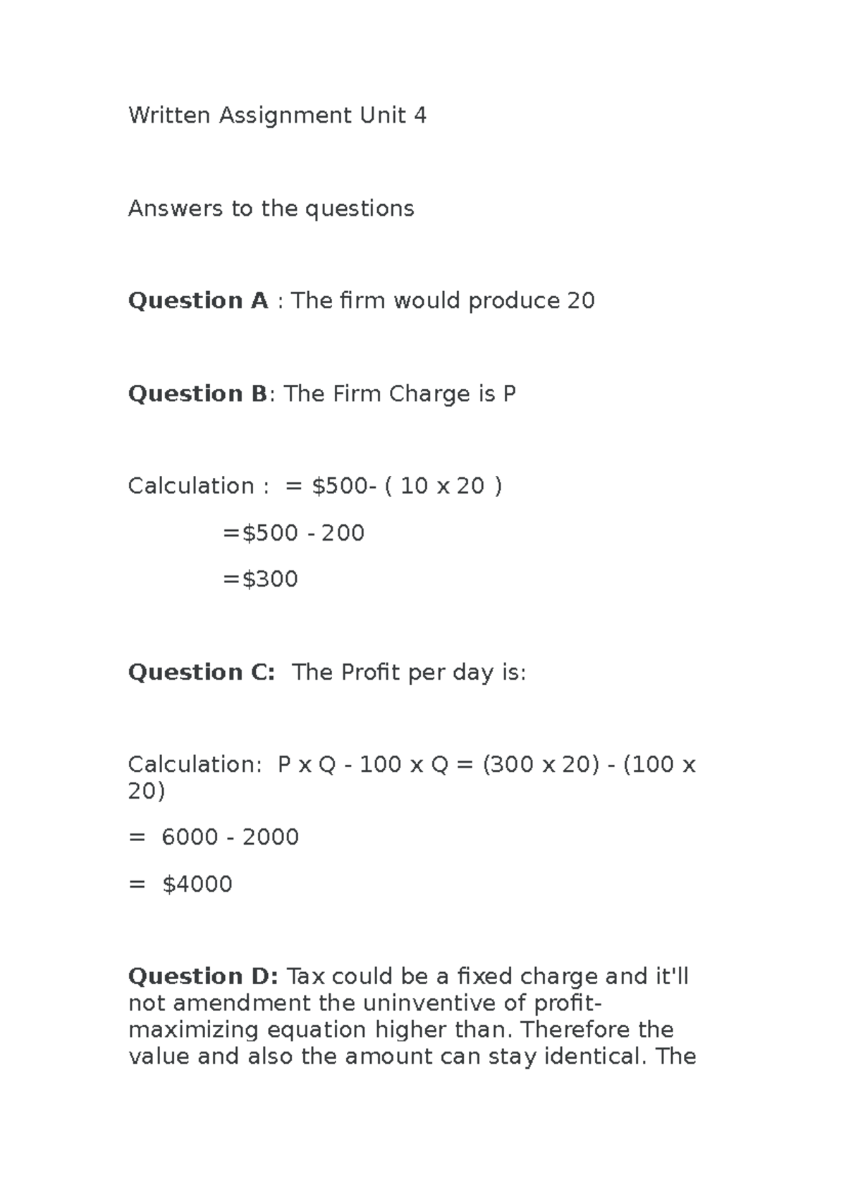 Written Assignment Unit 4 - 2 - Written Assignment Unit 4 Answers to ...
