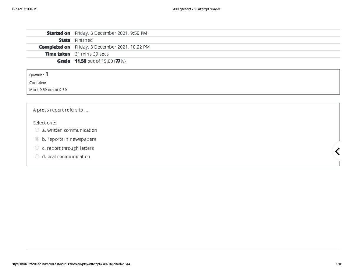 Assignment - 2 Communication - Started on Friday, 3 December 2021, 9:50 ...
