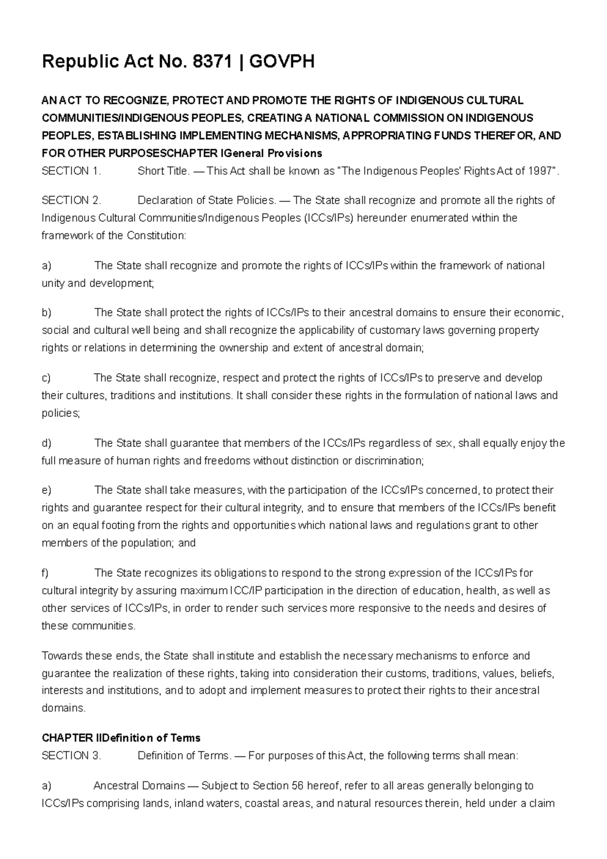 IPRA - Indigenous People's Right Act - Republic Act No. 8371 | GOVPH AN ...