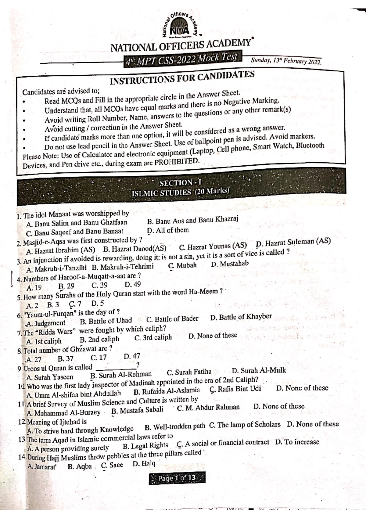 NOA Mock 4 13-Feb-2022 - Notes abour general knowledge - Studocu