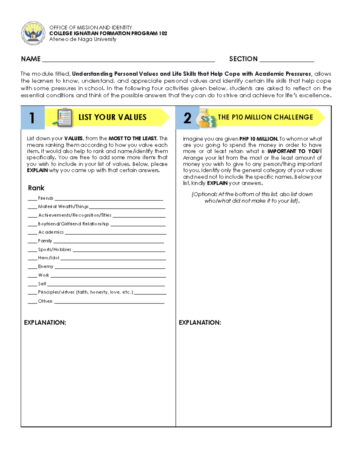 CIFP102 - Personal Values Worksheet CIFP102 - Personal Values ...