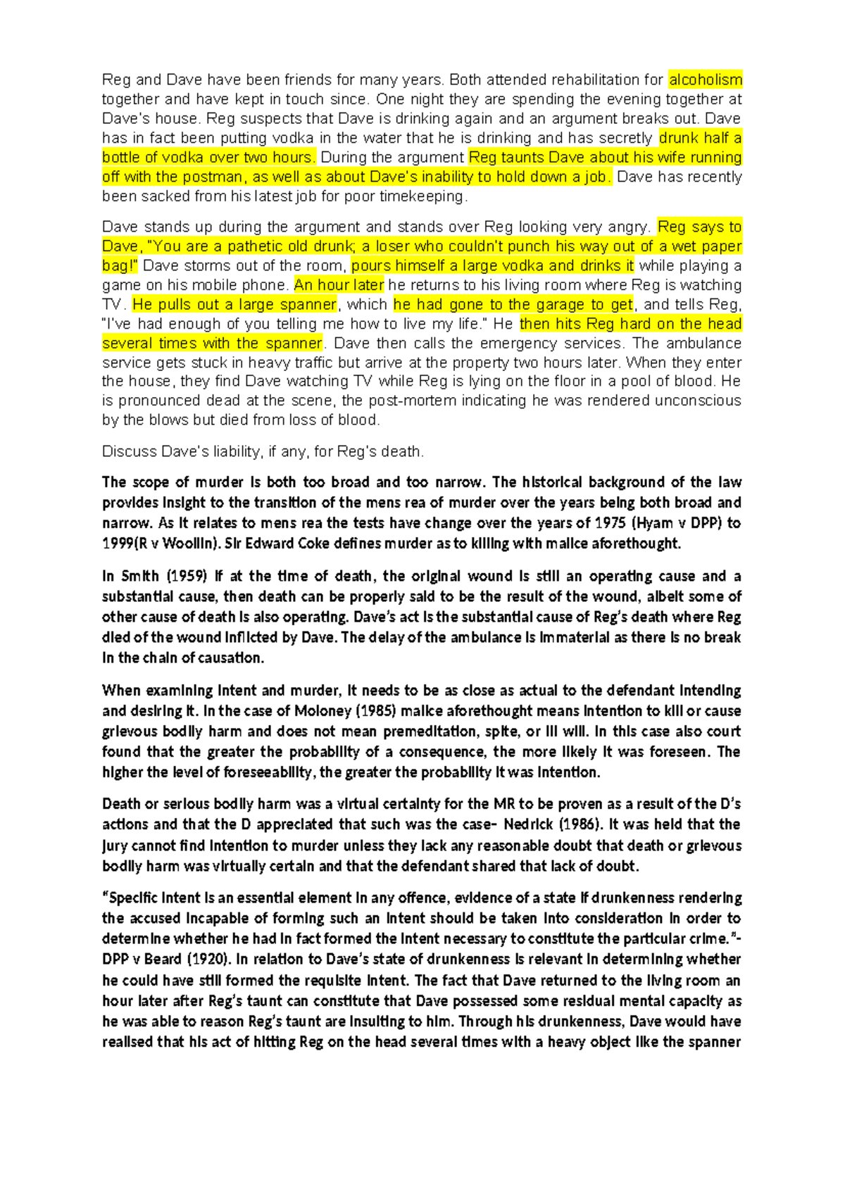 Murder, LOC AND DR Sample Answer - Reg and Dave have been friends for ...