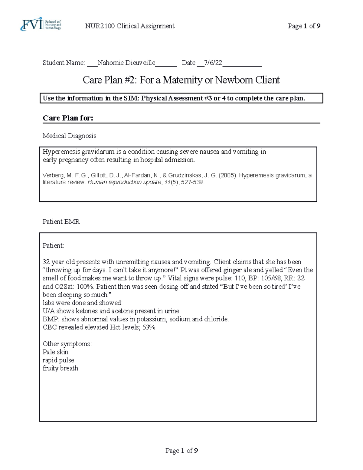 Care Plan #2 Template - care plan example - Student Name: Nahomie ...