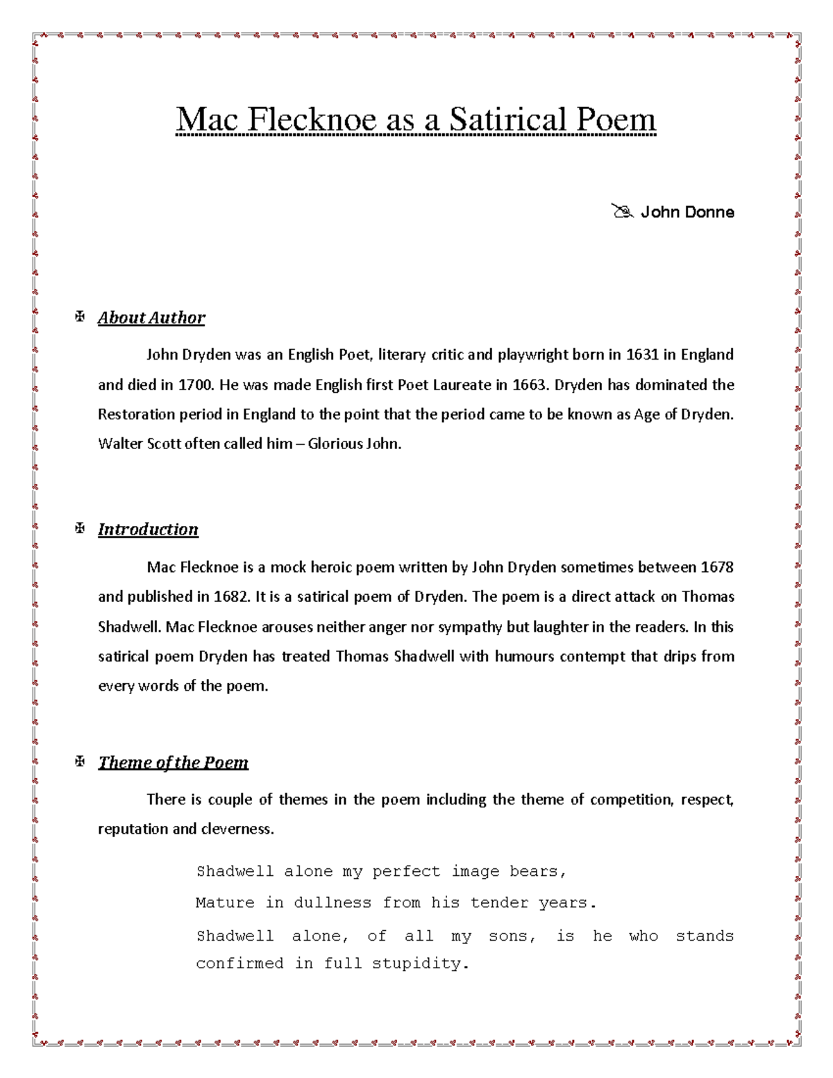 Mac flecknoe as a satirical poem - Mac Flecknoe as a Satirical Poem ...