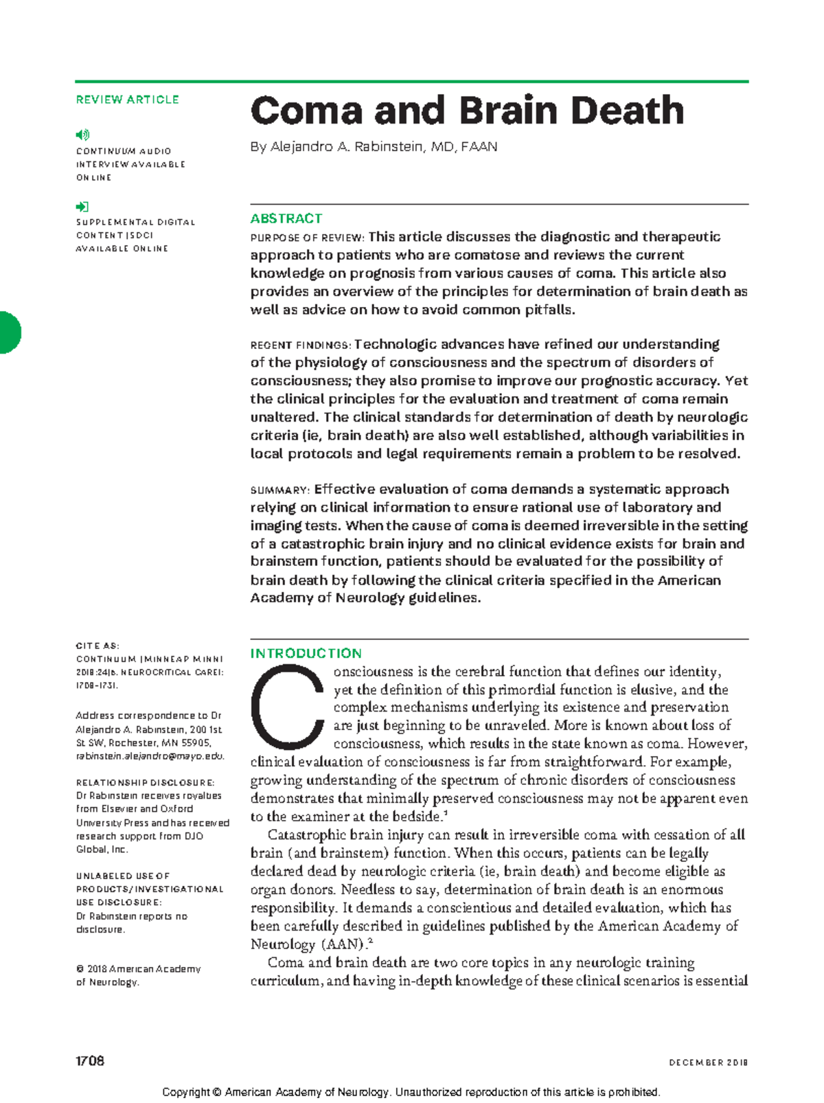 Coma and Brain Death 2018 Am Ac Neu - Coma and Brain Death By Alejandro ...