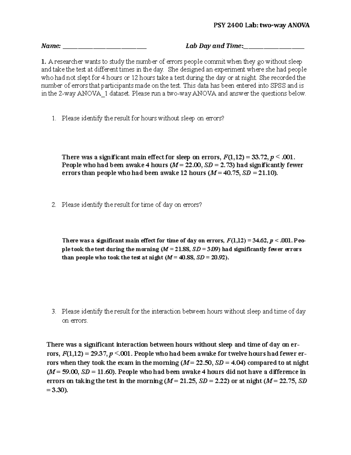 Two way Anova Assignment 11 lab answers - PSY 2400 Lab: two-way ANOVA Name: - Studocu