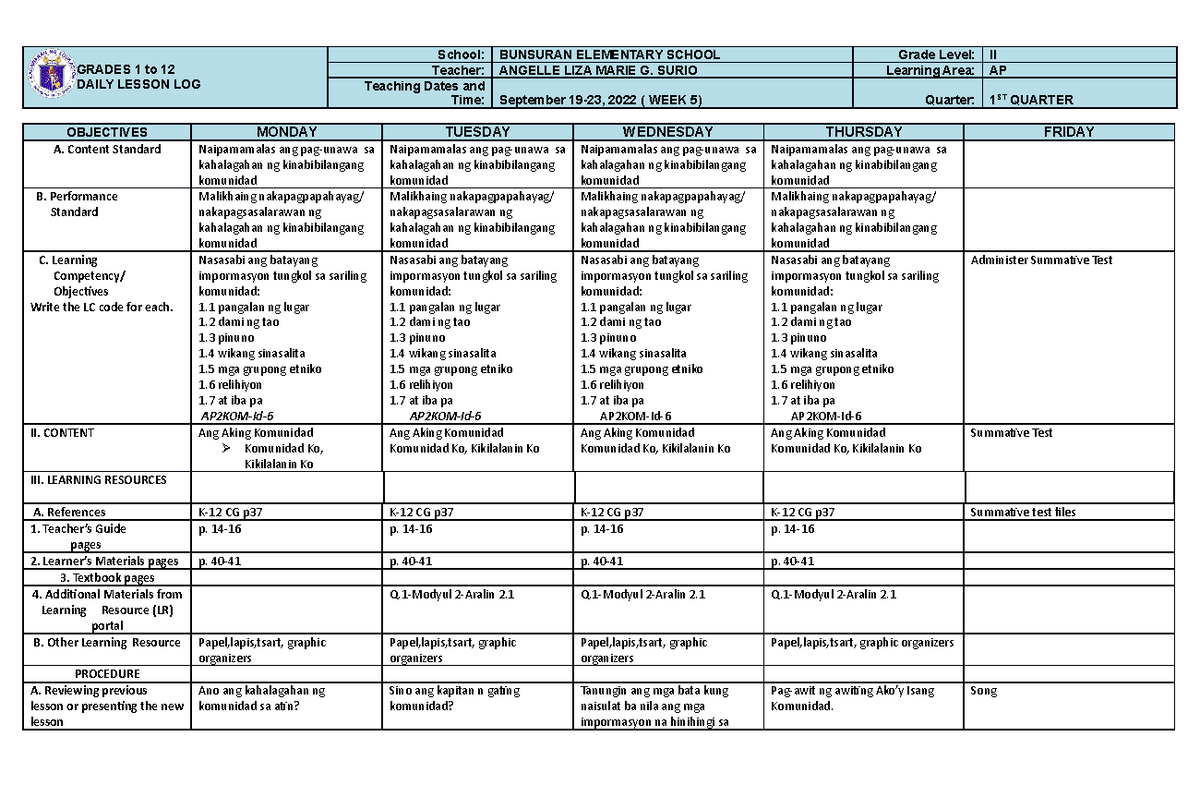DLL AP 2 Q1 W5 D1 - For lesson plan ideas - GRADES 1 to 12 DAILY LESSON ...