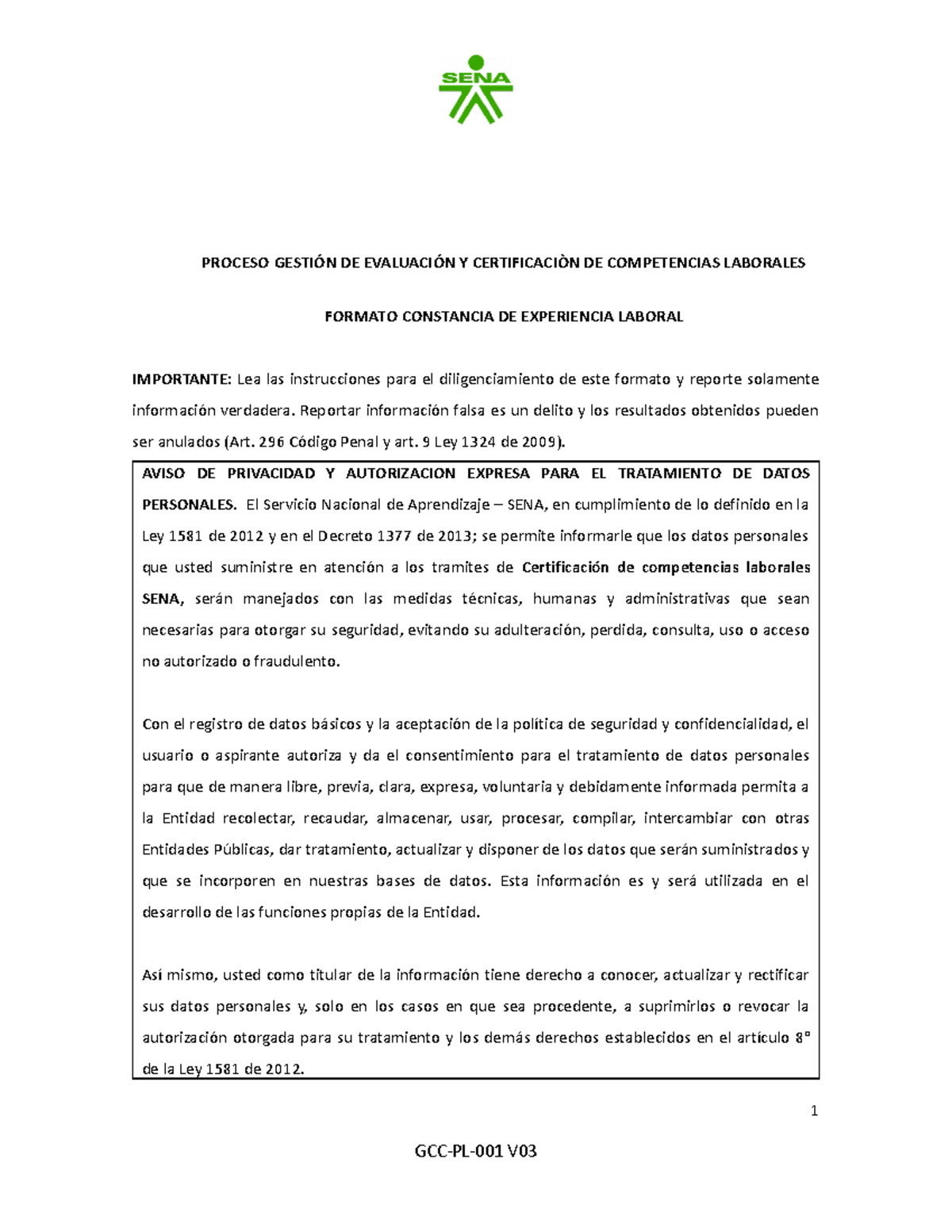 GCC-PL-001Plantilla Modelo De Constancia De Experiencia Laboral ...