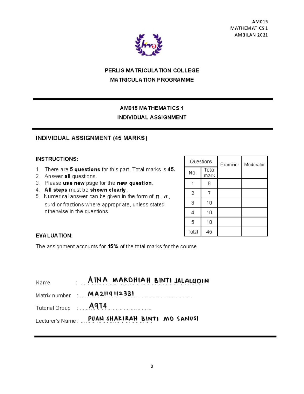 Assignment Mathematics - AM MATHEMATICS 1 AMBILAN 2021 Questions ...