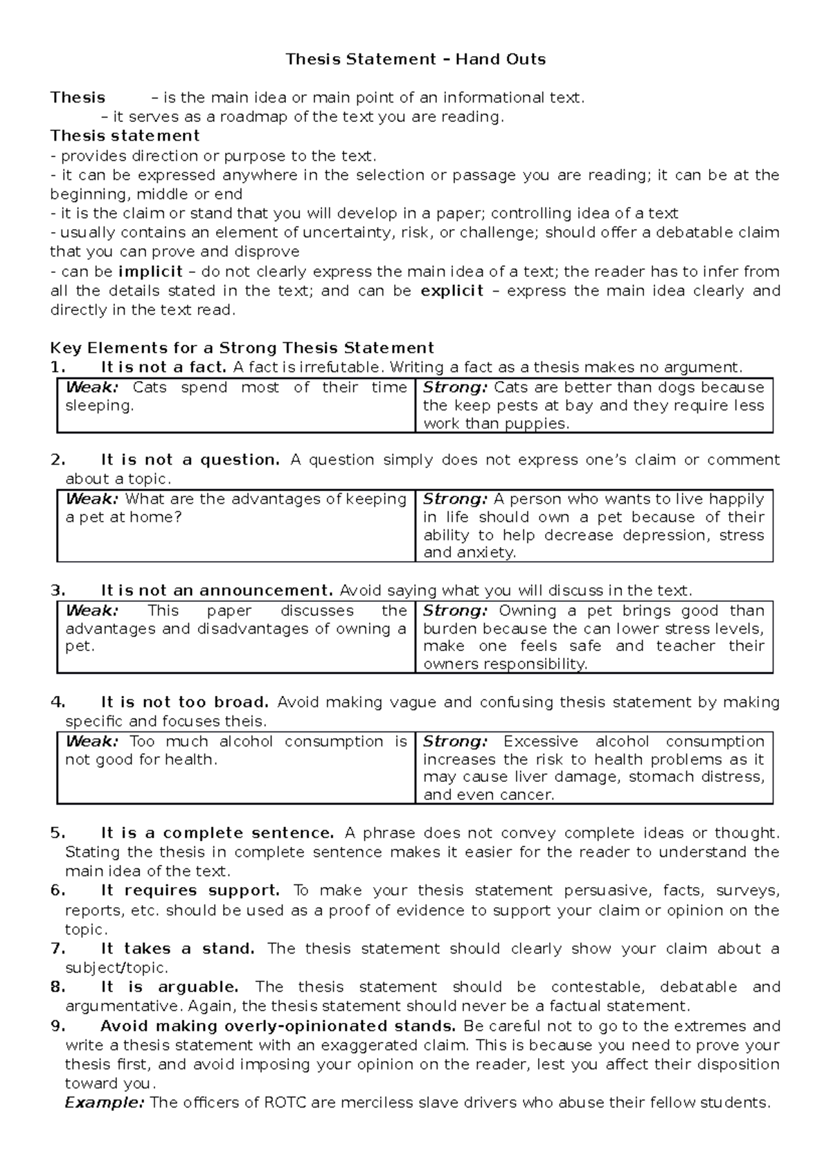 1Hand Outs 3 Thesis Statements - Thesis Statement – Hand Outs Thesis ...