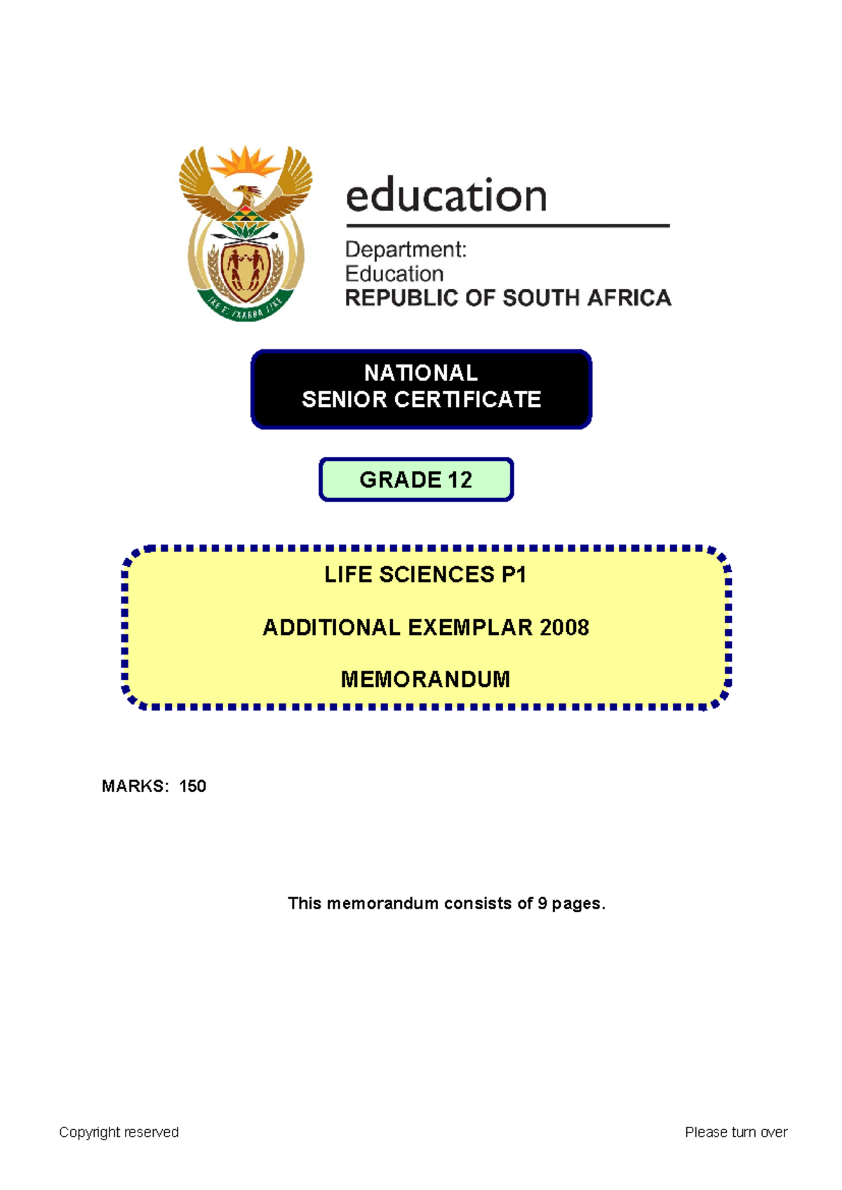 Life Sciences P1 Additional Exemplar Memo Eng - MARKS: 150 This ...