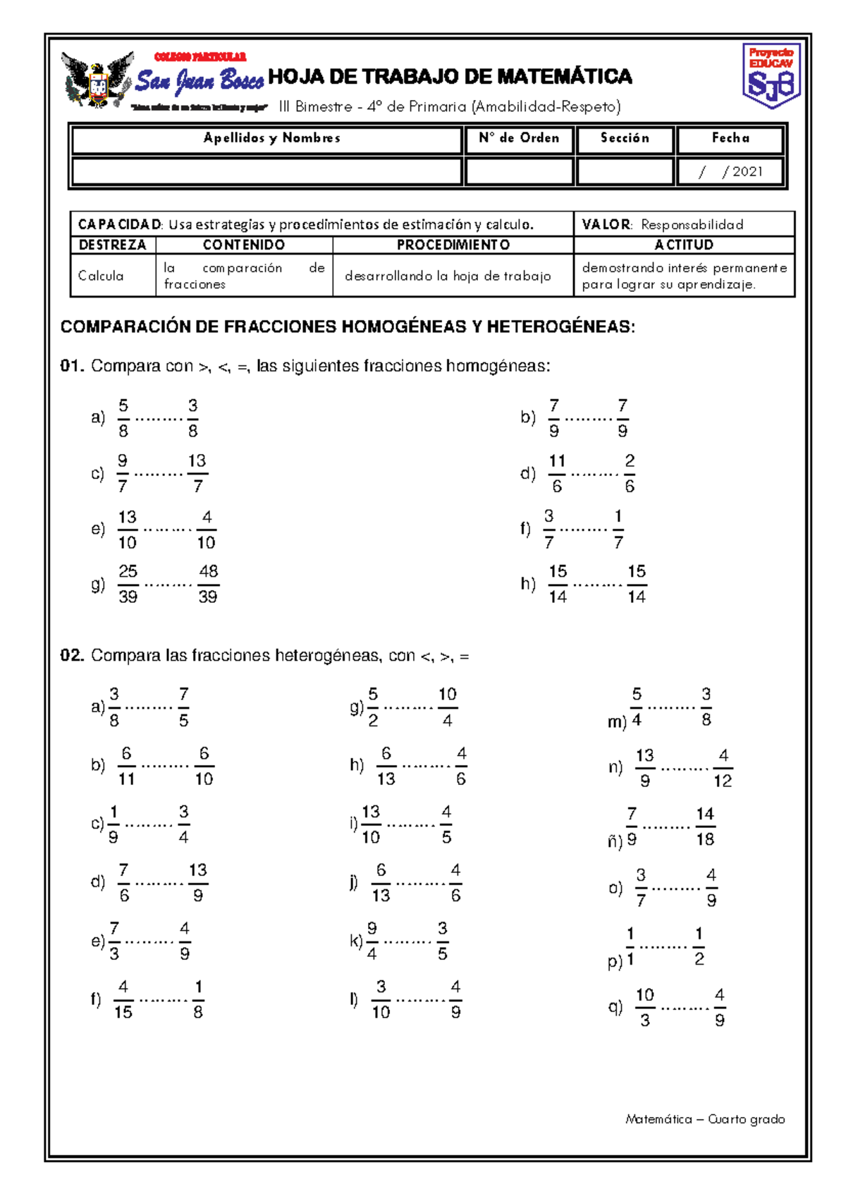HOJA DE Trabajo - Comparación DE Fracciones - Matemática – Cuarto grado ...