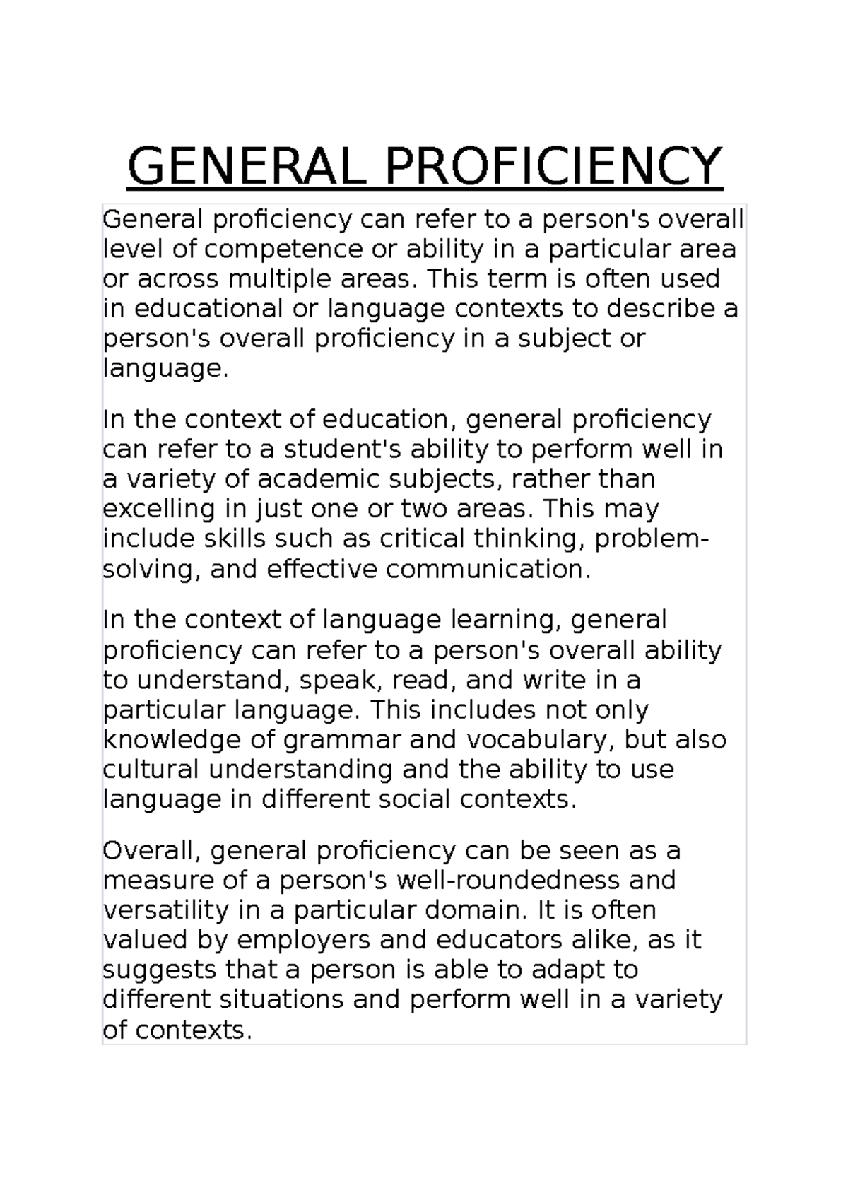 General Proficiency - GENERAL PROFICIENCY General proficiency can refer ...