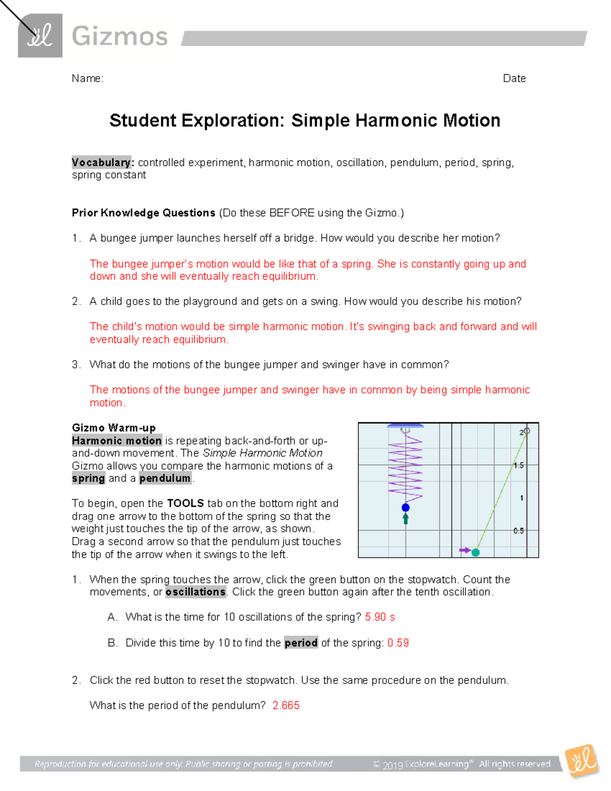 Simple Harmonic Motion SE - Name: Date Student Exploration: Simple Harmonic Motion Vocabulary ...