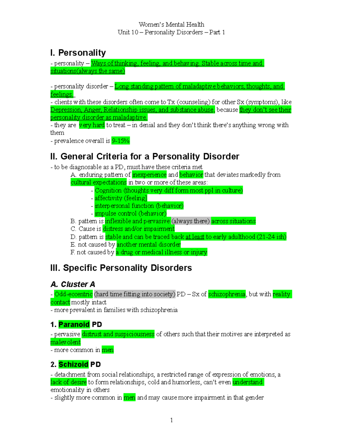 Unit 10 Part 1 Notes - Women’s Mental Health Unit 10 – Personality ...