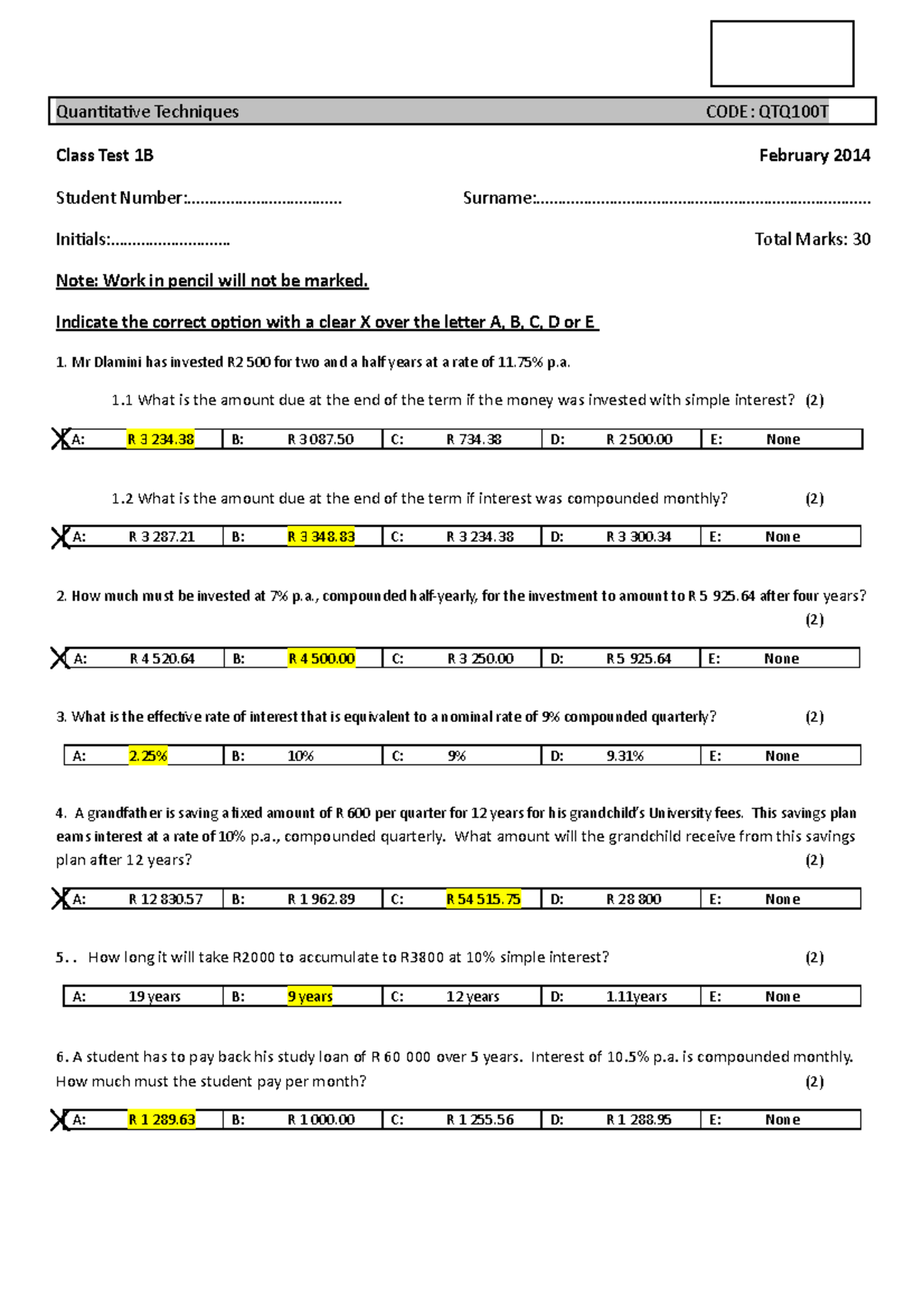 CT 1B Memo QTQ100T 2014 - class test 1B memorandum done by a lectures ...