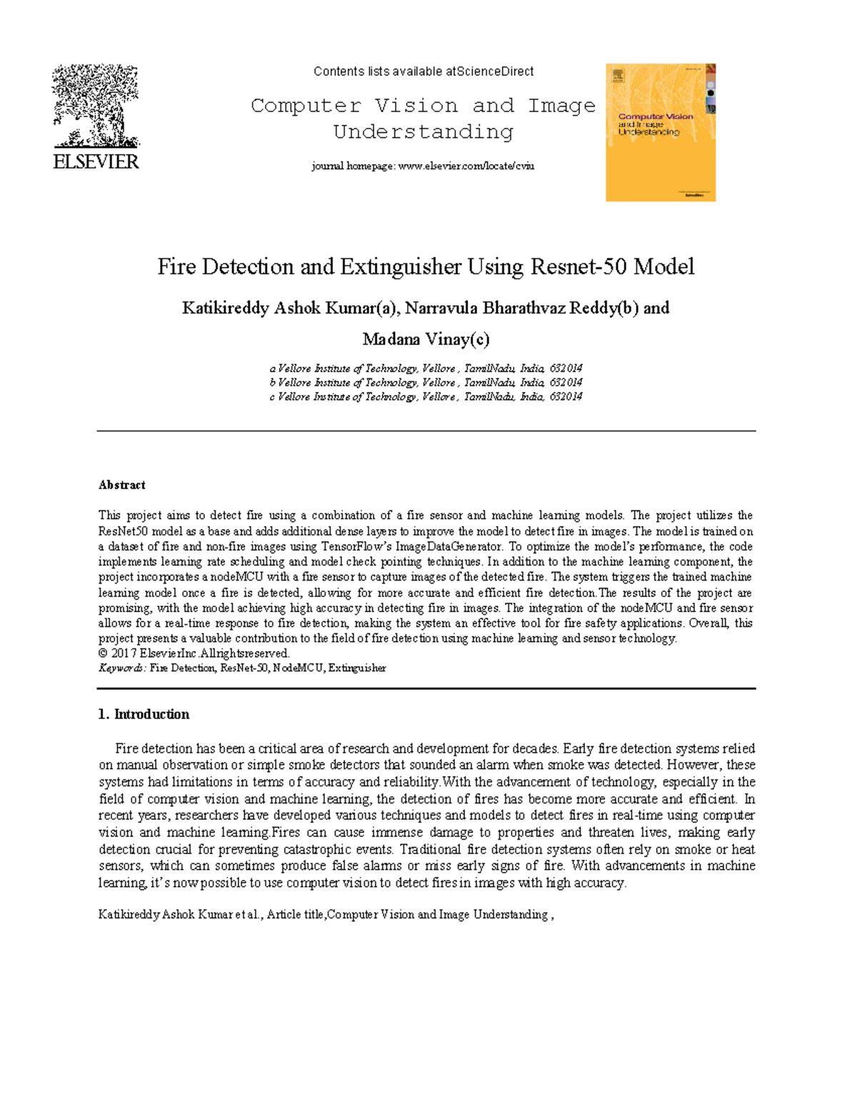 Fire Detection And Extinguisher Using Resnet 50 Model Vellore Institute Of Technology