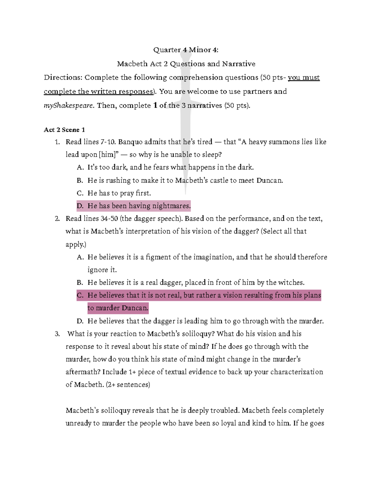 Macbeth Act 2 Questions - Quarter 4 Minor 4: Macbeth Act 2 Questions ...