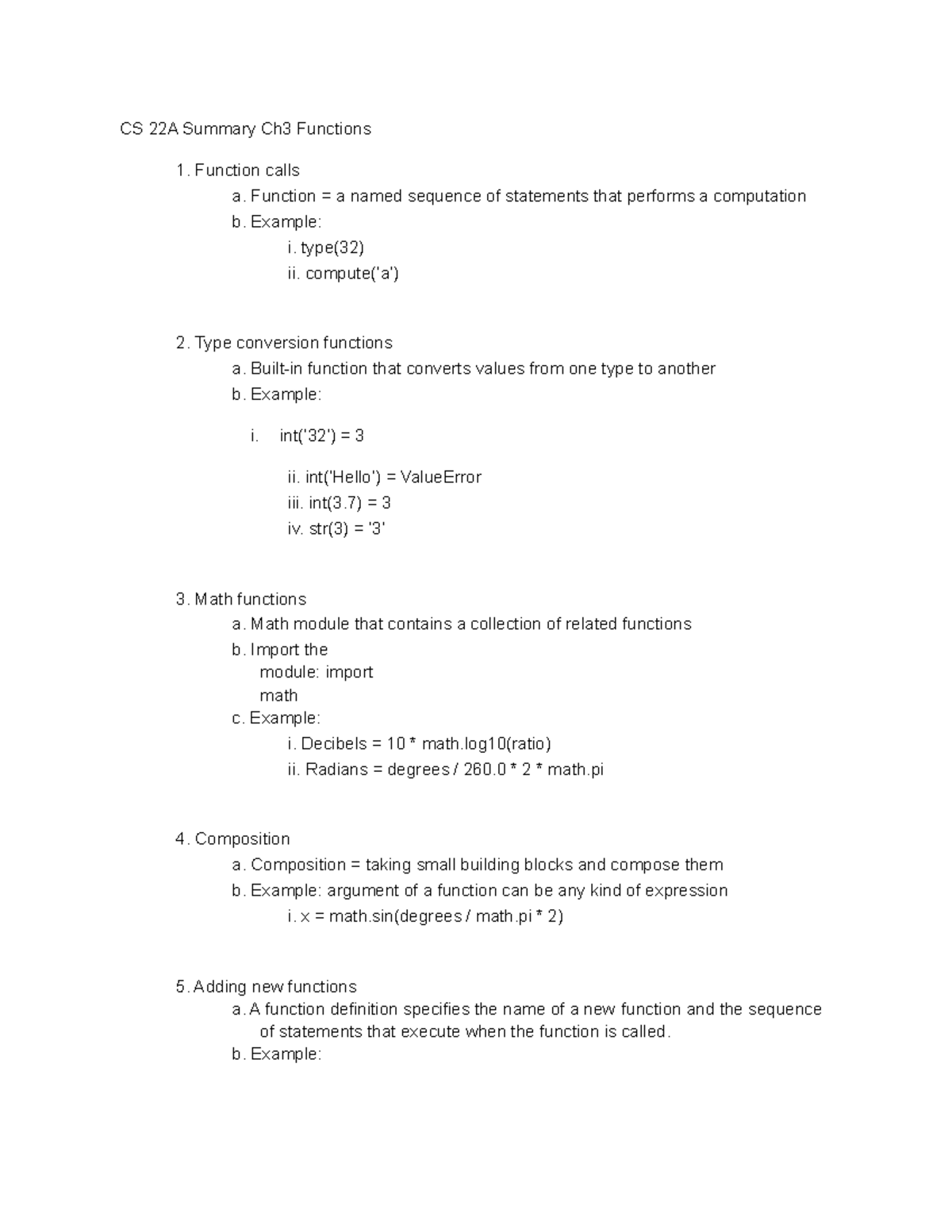 CS 22A Summary Ch3 - Function = a named sequence of statements that ...