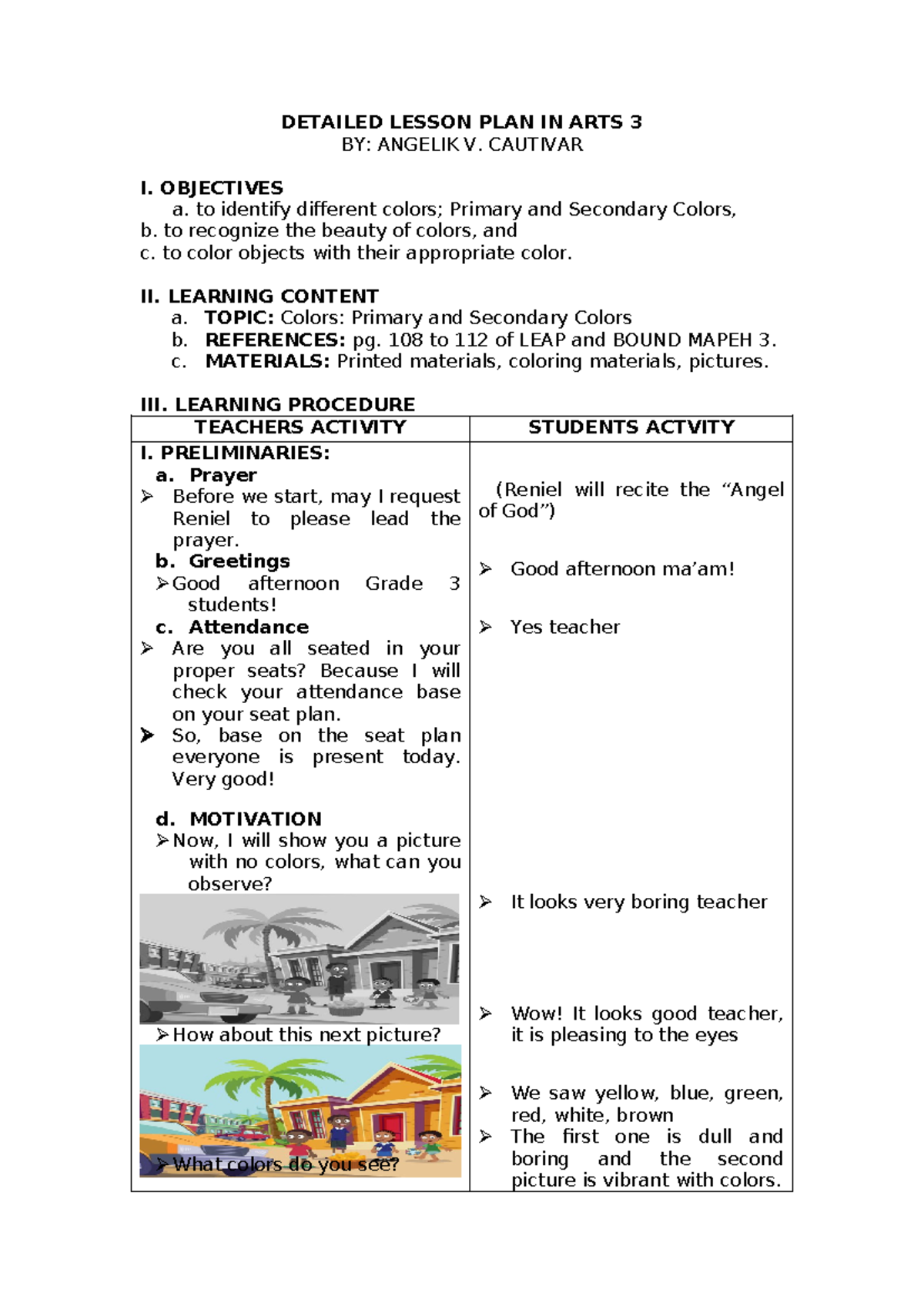 Detailed Lesson Plan in Arts - Colors 3 - DETAILED LESSON PLAN IN ARTS ...