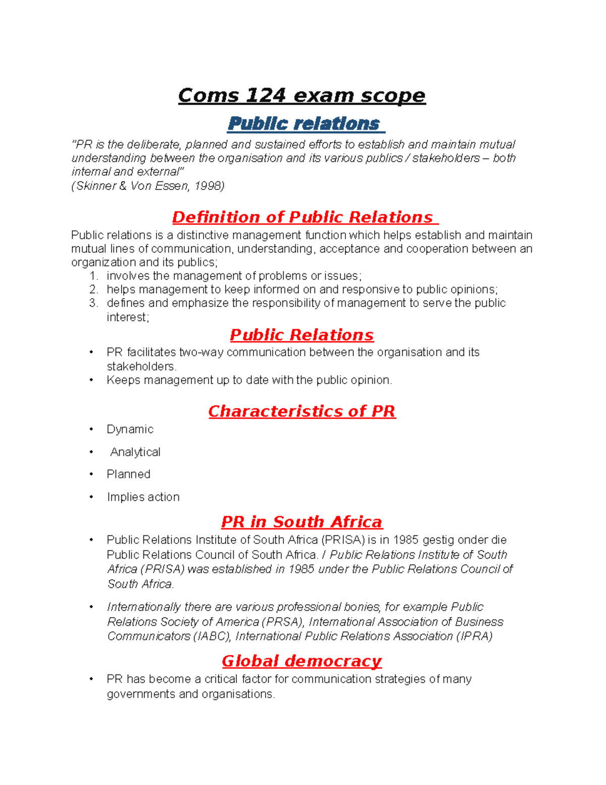 Coms 124 exam - Summary cooperate communication - Coms 124 exam scope Public relations "PR is ...
