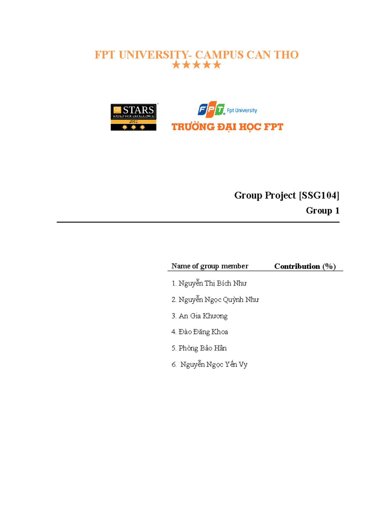 Group 1-Project Proposal - FPT UNIVERSITY- CAMPUS CAN THO Group Project [SSG104] Group 1 Name ...