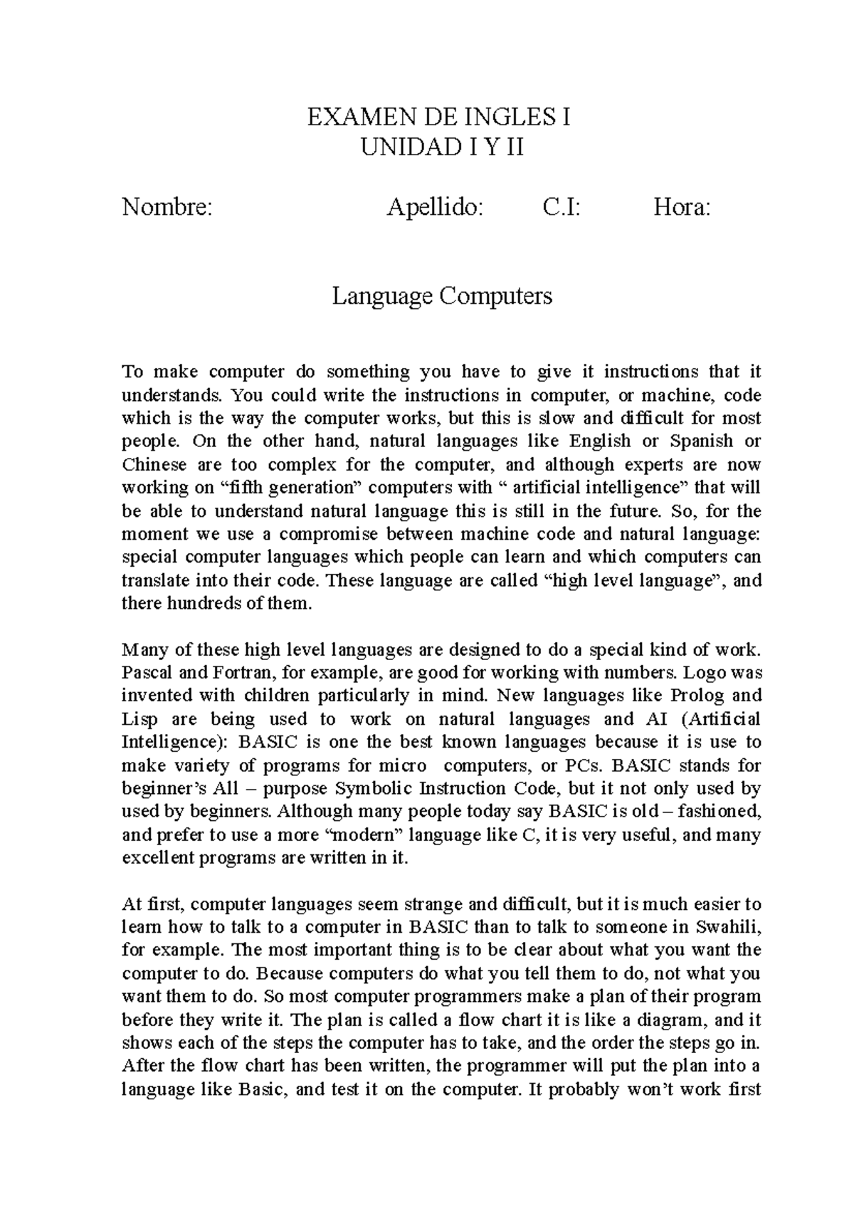 Language Computer - Hola - EXAMEN DE INGLES I UNIDAD I Y II Nombre ...