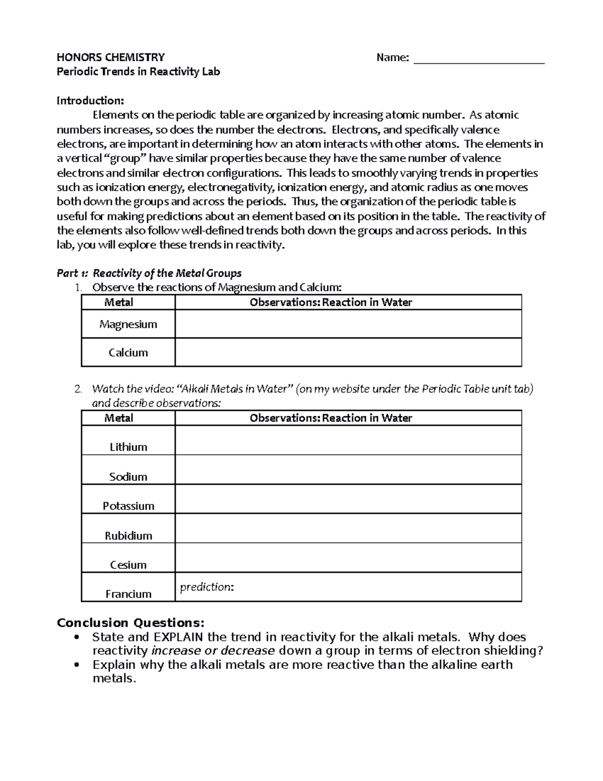 Periodic Trends in Reactivity lab - HONORS CHEMISTRY Name ...