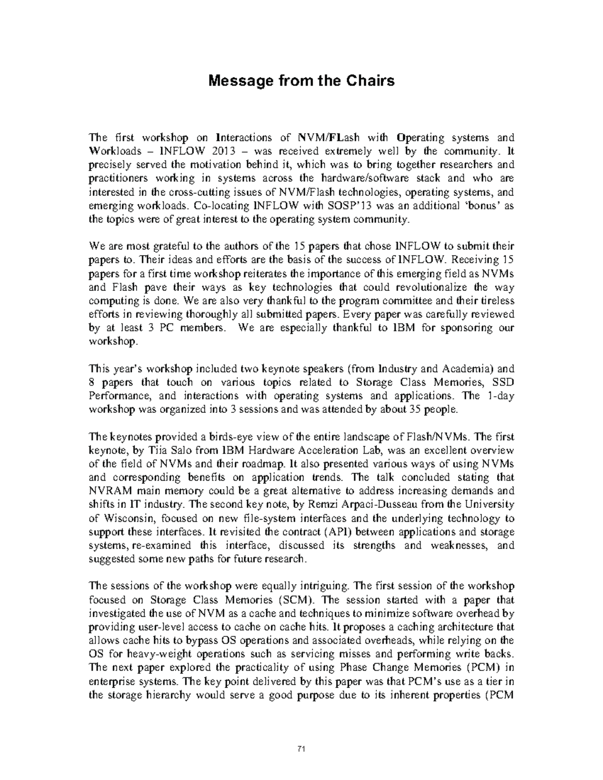 Session details Inflow 2013 the 1st works - Message from the Chairs The ...